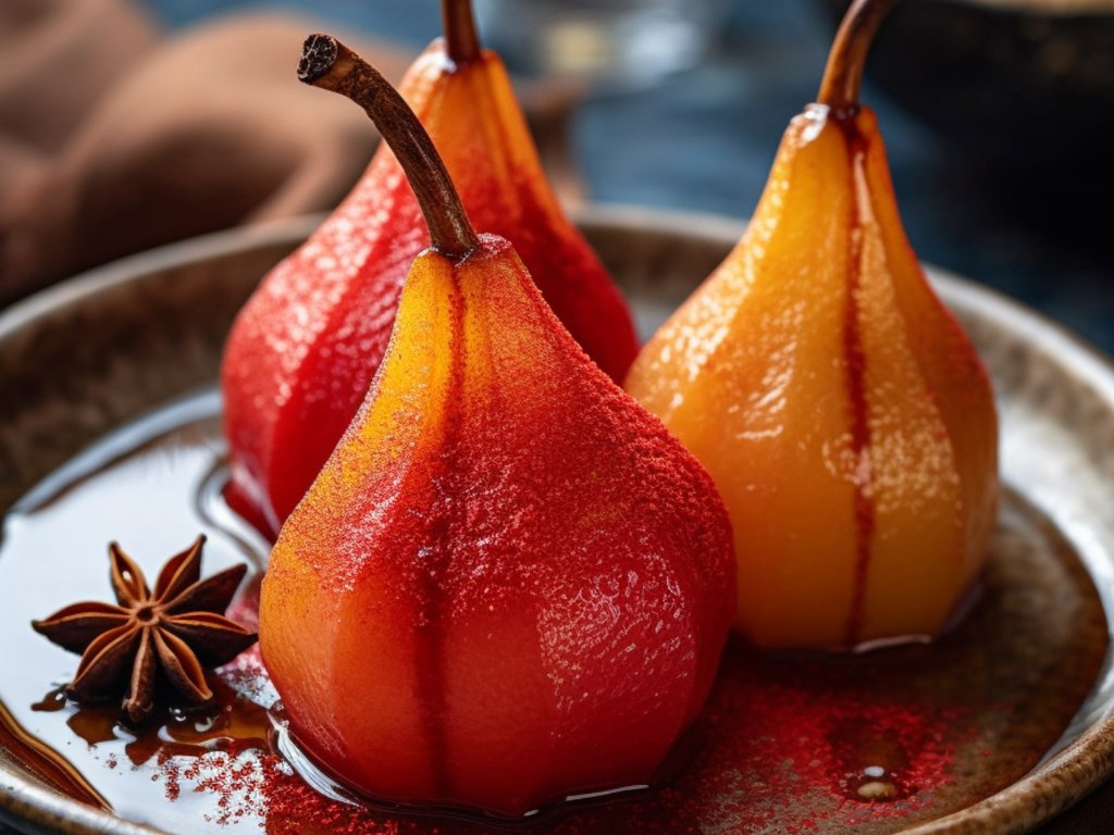 Poached pears with blackcurrant - Helen Browning's Organics